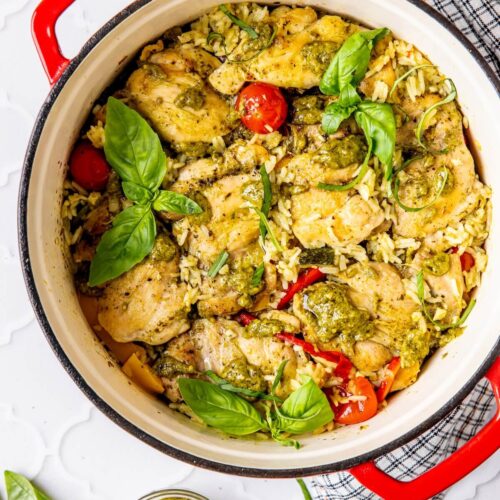 ONE POT LOADED VEGGIE PESTO CHICKEN AND RICE