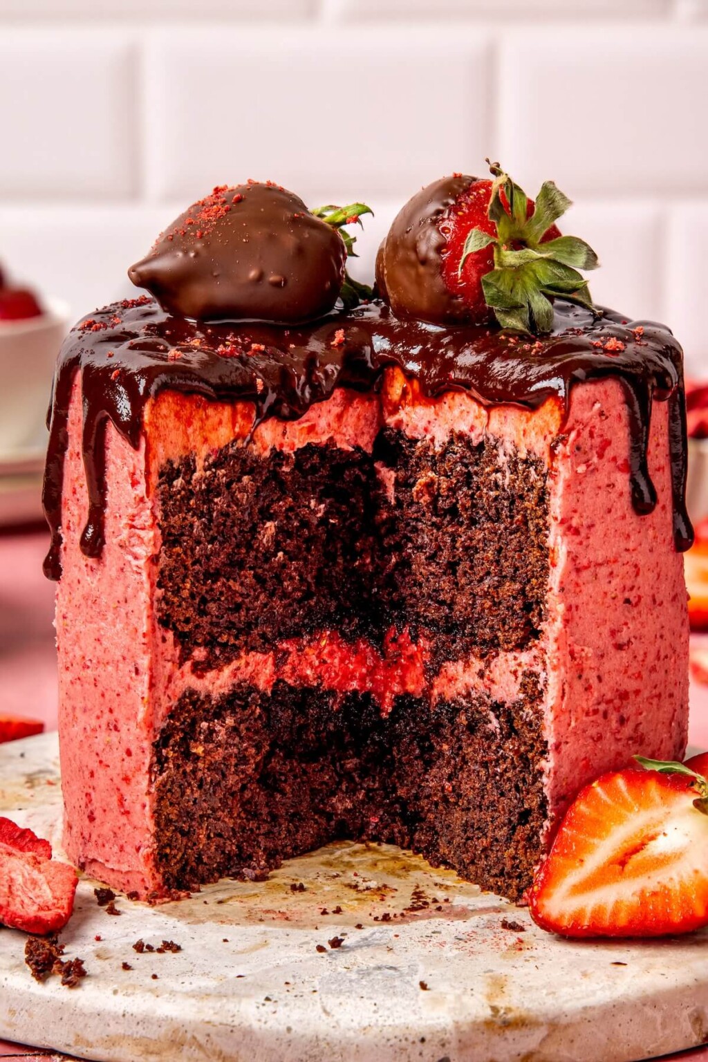 CHOCOLATE CAKE WITH STRAWBERRY FROSTING & CHOCOLATE STRAWBERRIES