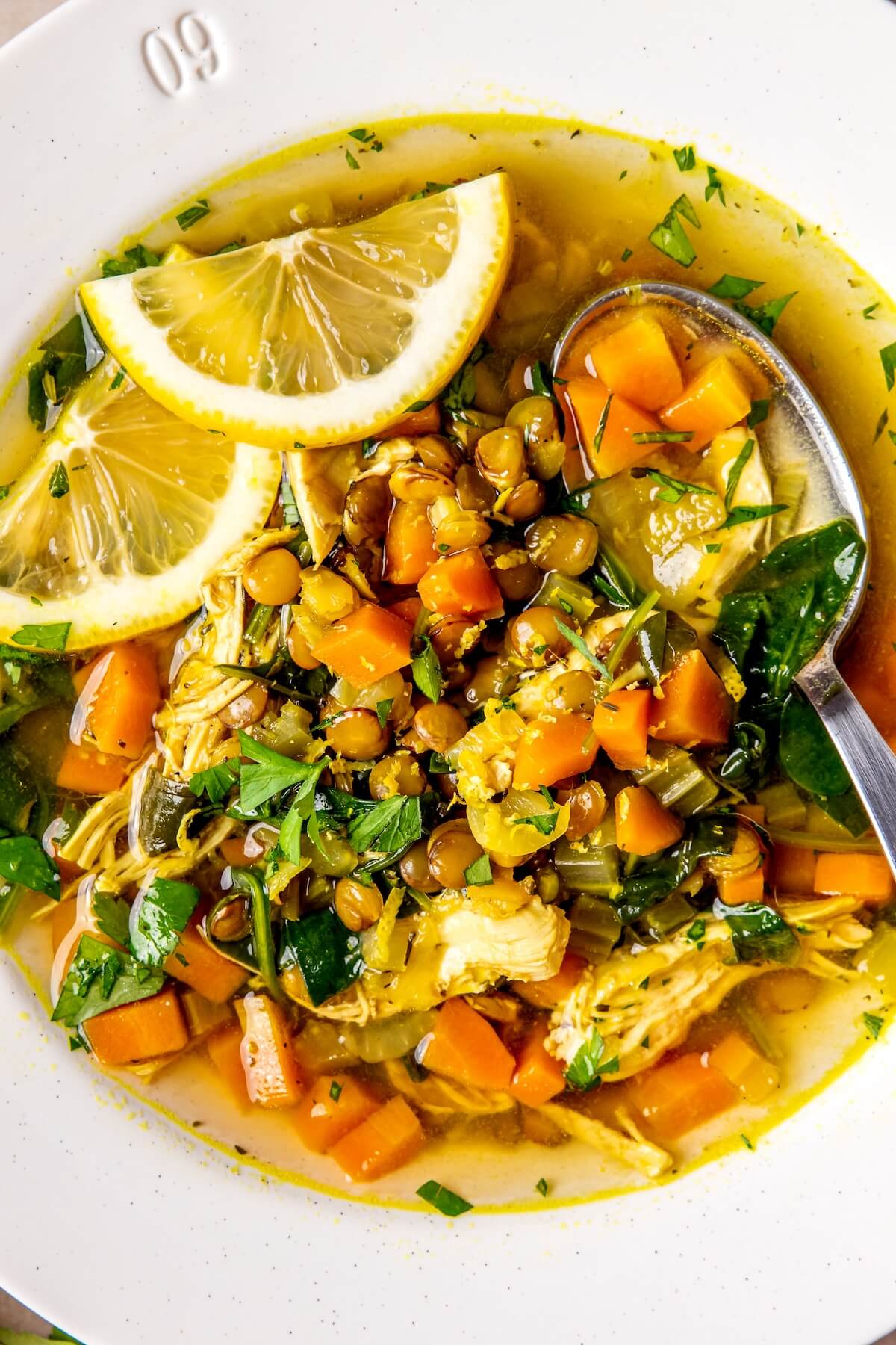 CHICKEN LENTIL STEW WITH SPINACH AND LEMON